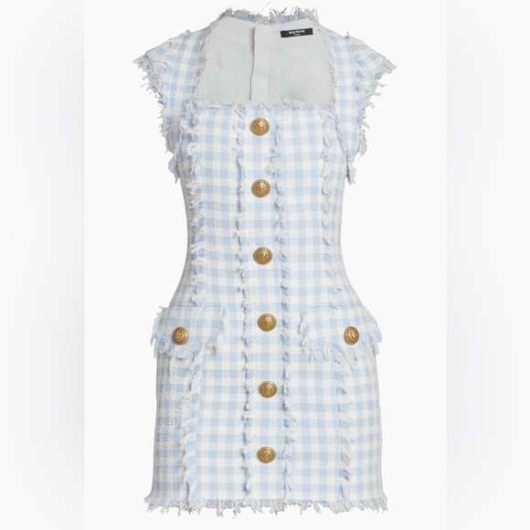 Balmain | Dresses | Balmain Blue White Frayed Gingham Cottonblend Tweed ...